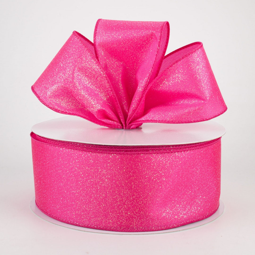 2.5 Fuchsia Pink Glitter Satin Ribbon, Wired Ribbon, Iridescent Ribbon ...