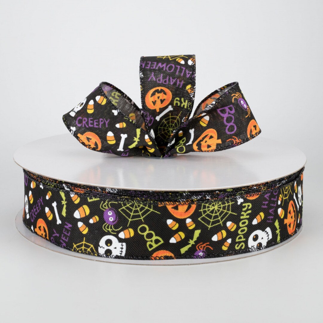 1.5" Spiders, Skulls, Bats Halloween Wired Ribbon, Ribbon, Wreath ...