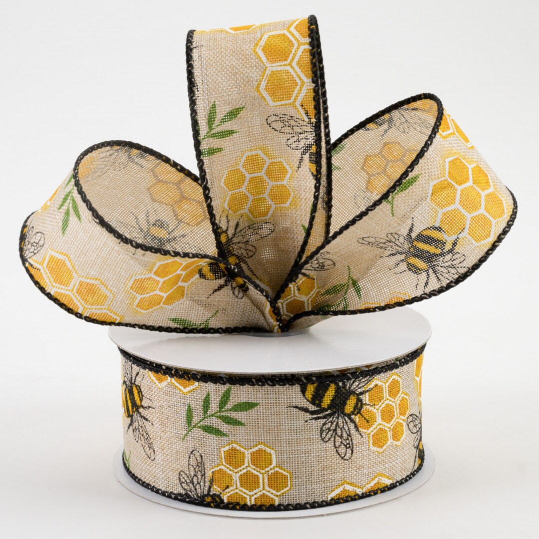 1.5" Honeycombs & Bees on Natural Ribbon, Wired Ribbon, Bee Ribbon ...