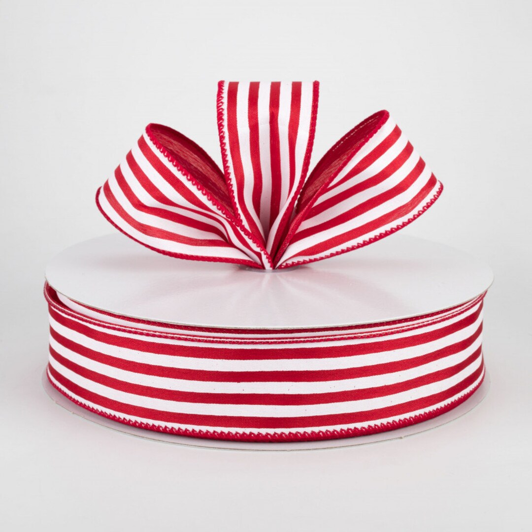 1.5" Cabana Striped Red & White Wired Ribbon, Christmas Ribbon, Wreath ...