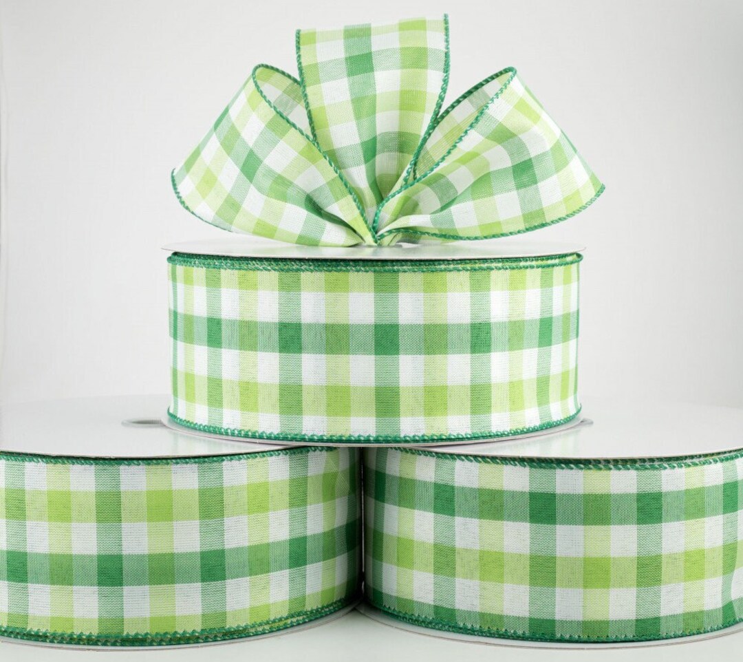 2.5" Garden Check Ribbon, Plaid Wired Ribbon, Check Ribbon, Green White ...