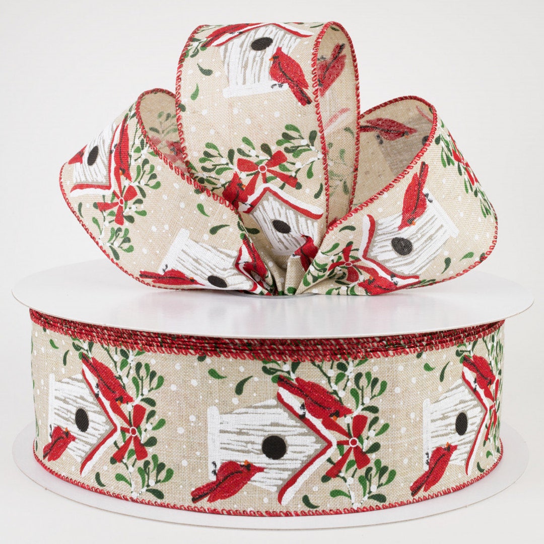 2.5" Cardinal on a Birdhouse Wired Ribbon, Christmas Ribbon, Wreath ...