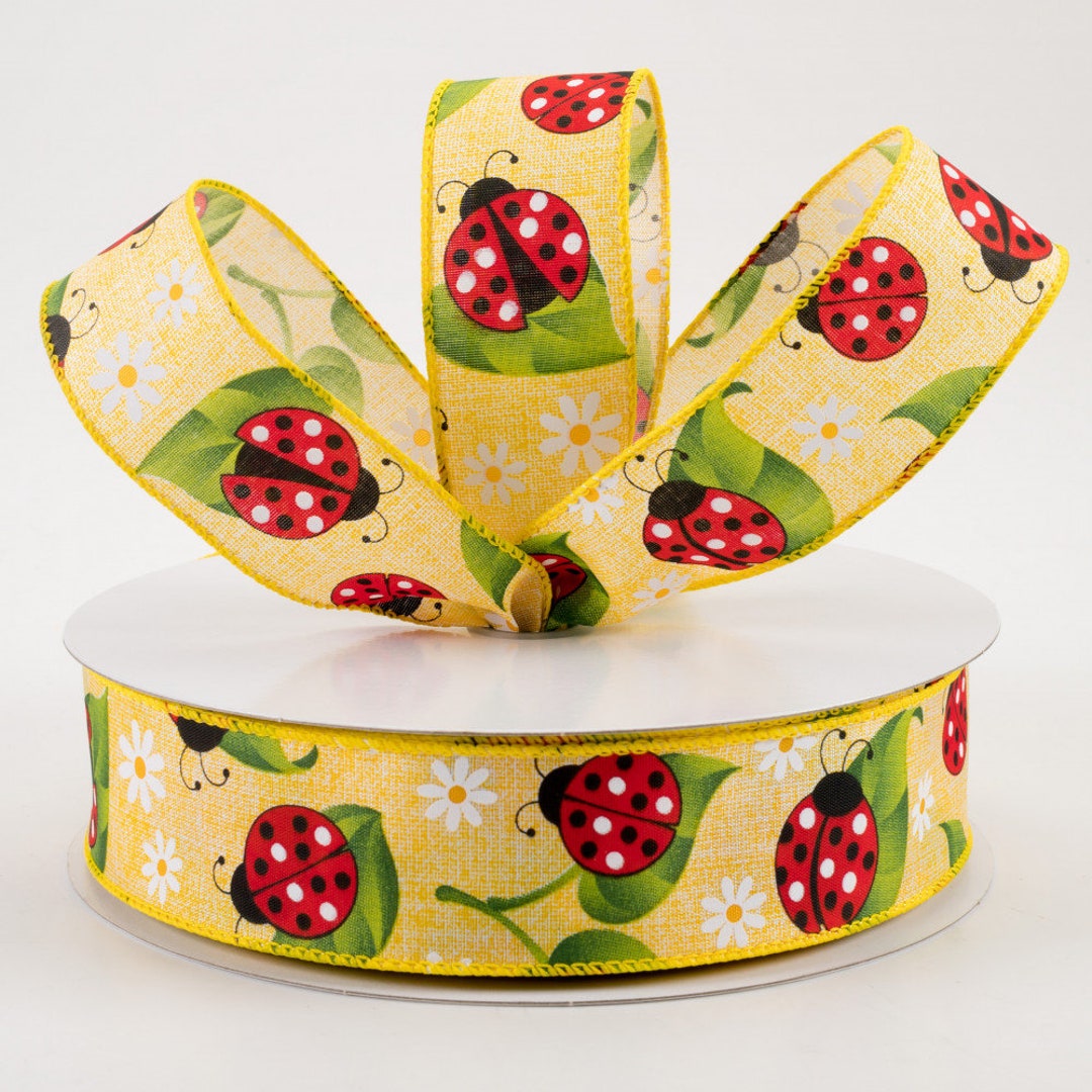 1.5 Ladybug and Daisys Linen Ribbon, Wired Ribbon, Easter, Wreath ...