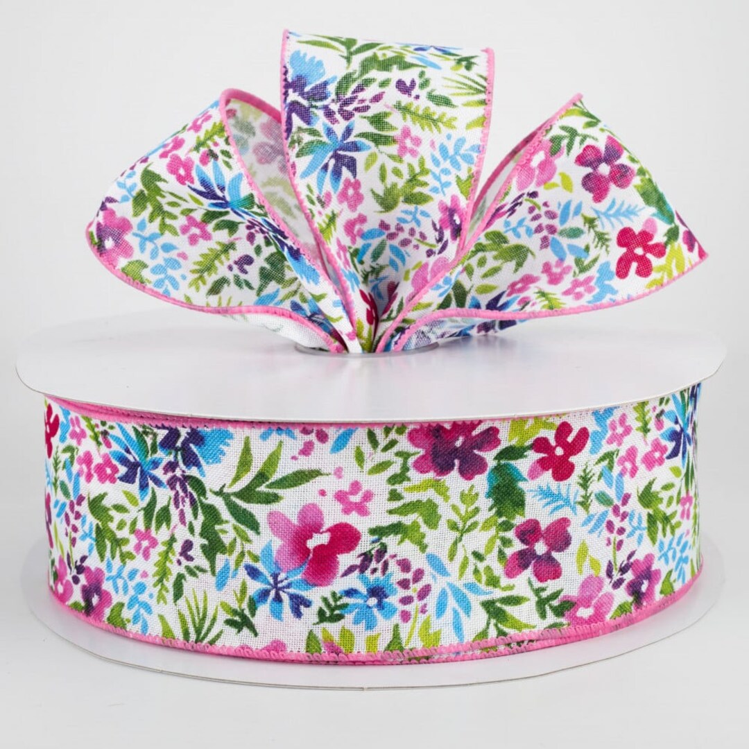 2.5" Watercolor Flowers on Linen Ribbon, Wired Ribbon, Check Ribbon ...