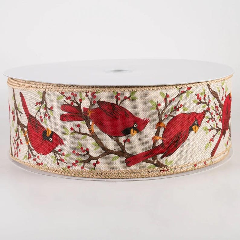 2.5" Cardinal on a Branch Wired Ribbon, Christmas Ribbon, Wreath Ribbon ...