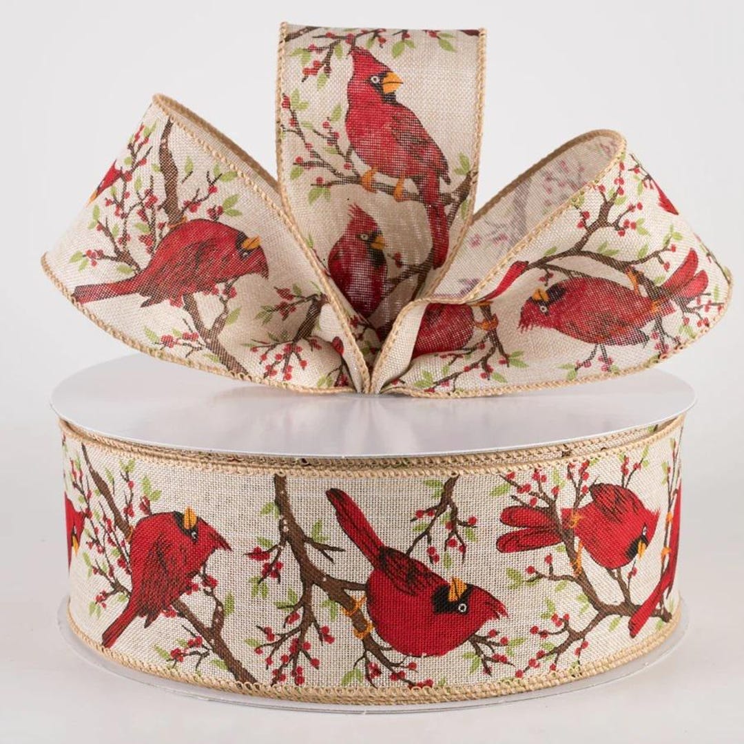 2.5" Cardinal on a Branch Wired Ribbon, Christmas Ribbon, Wreath Ribbon ...