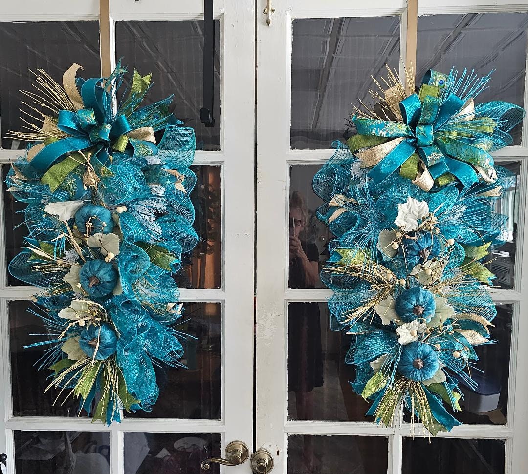 Double Door Teal Fall Swags, Fall Wreath, Custom Door Wreaths, Front ...