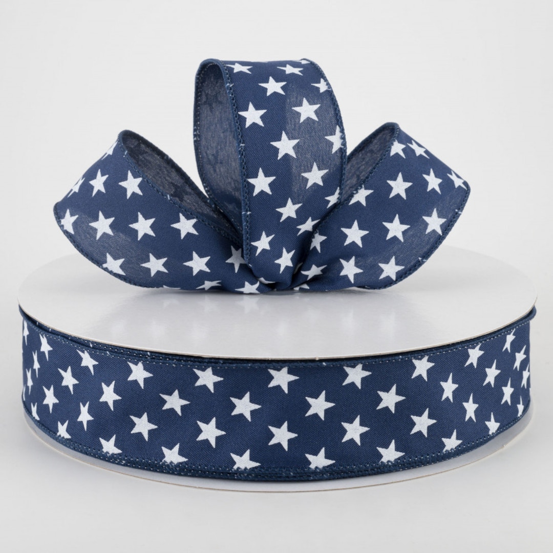 1.5" Navy Blue & White Stars Ribbon, Wired Ribbon, Patriotic Ribbon ...