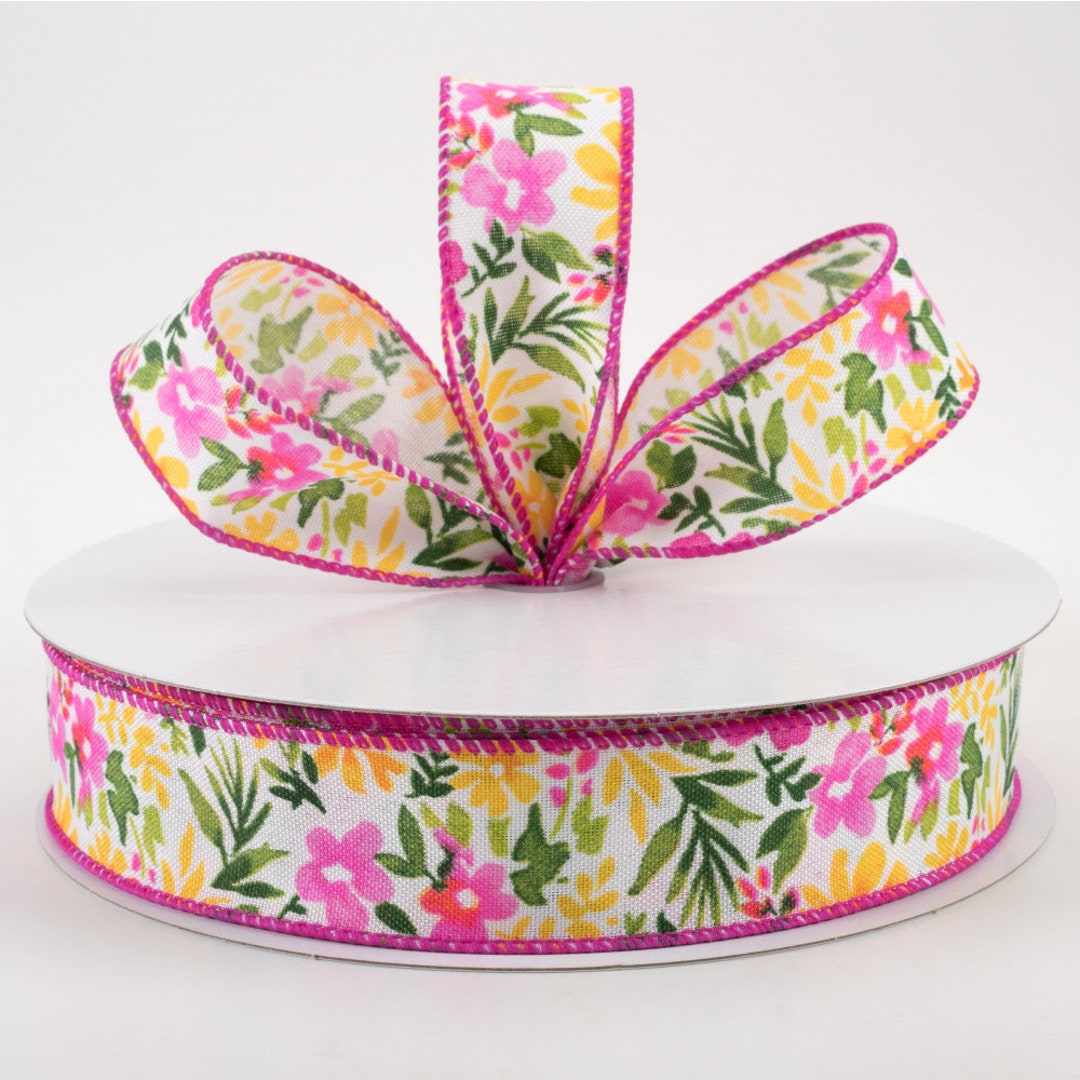 1.5" Watercolor Flowers on Linen Ribbon, Wired Ribbon, Check Ribbon ...