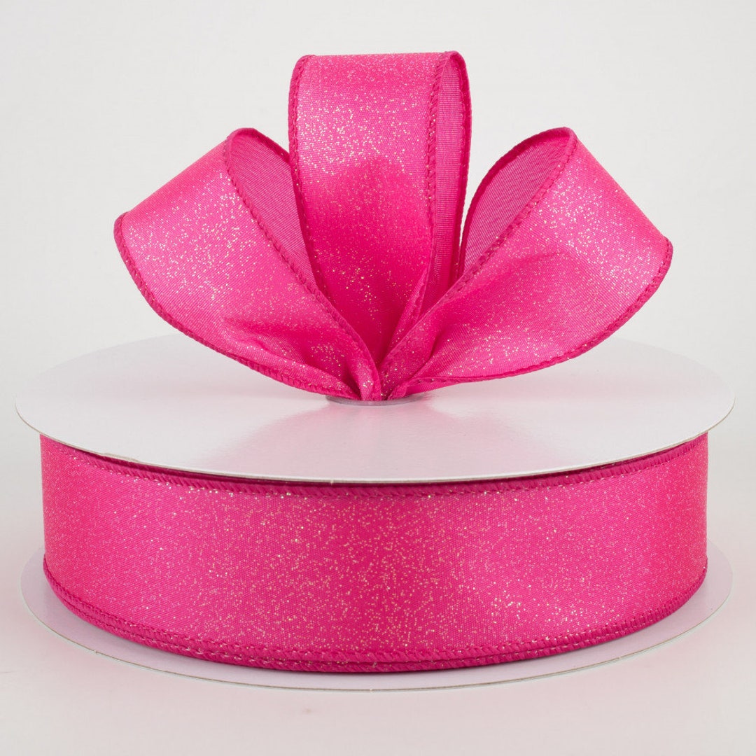 1.5" Fuchsia Pink Glitter Satin Ribbon, Wired Ribbon, Iridescent Ribbon ...