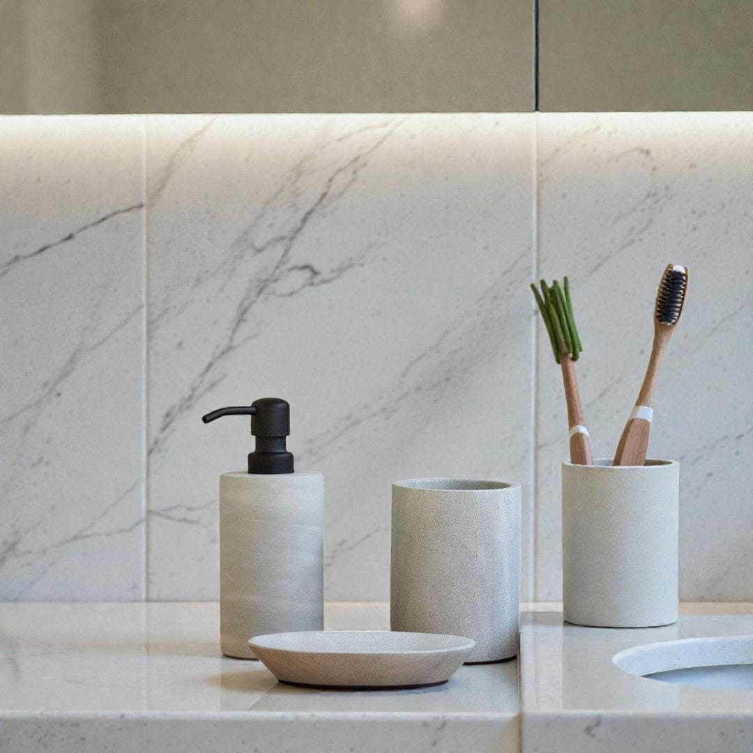 Zeolite Stone Bathroom Set - Handmade Soap Dispenser, Tumbler & Tray ...