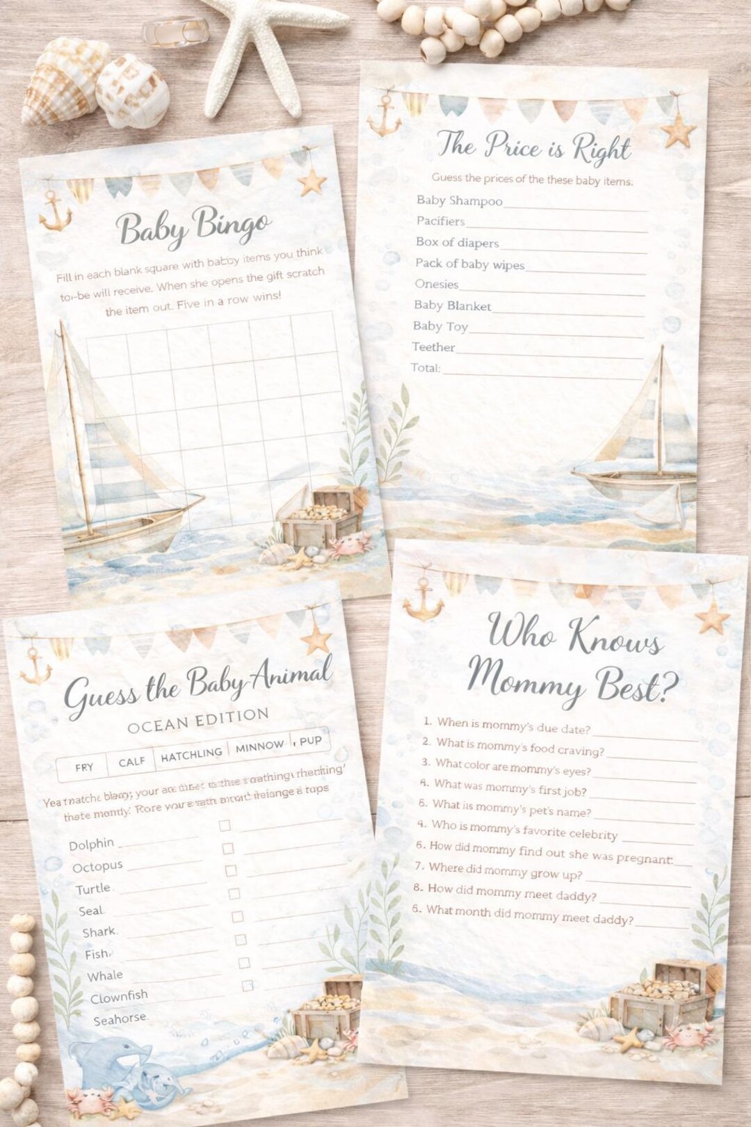 Nautical Baby Shower Games Bundle | Watercolor Ocean Theme (instant ...