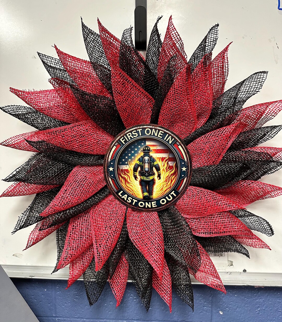 Firefighter Wreath for Front Door, First Responder, Red and Black Mesh ...