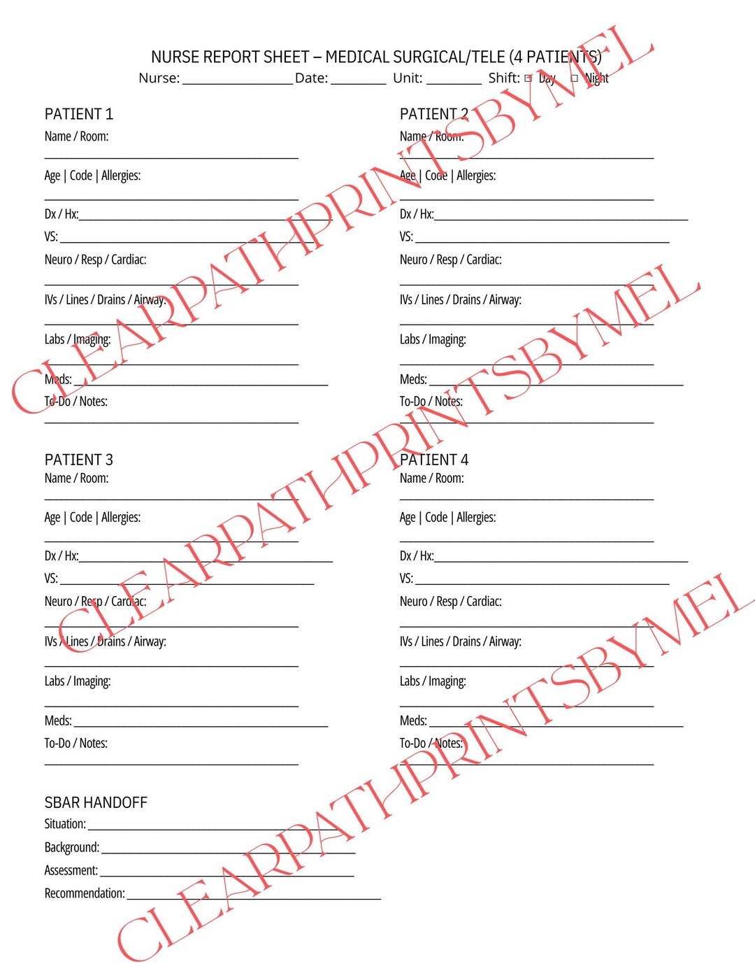 Nurse Report Sheet Printable Med Surg-tele Brain Sheet 4 Patient ...