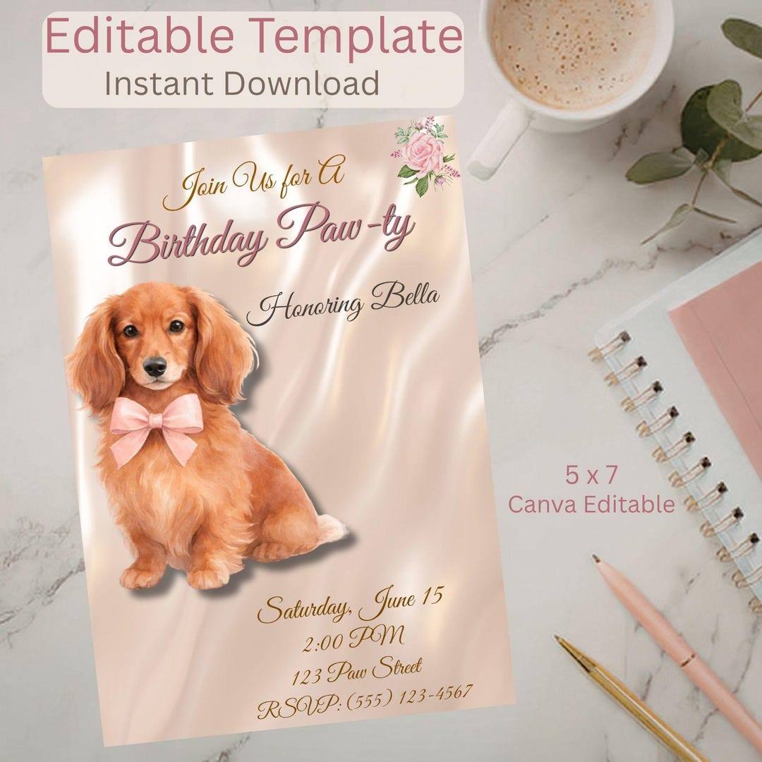 Dachshund Birthday Invitation Template, Editable Canva Party Invite ...