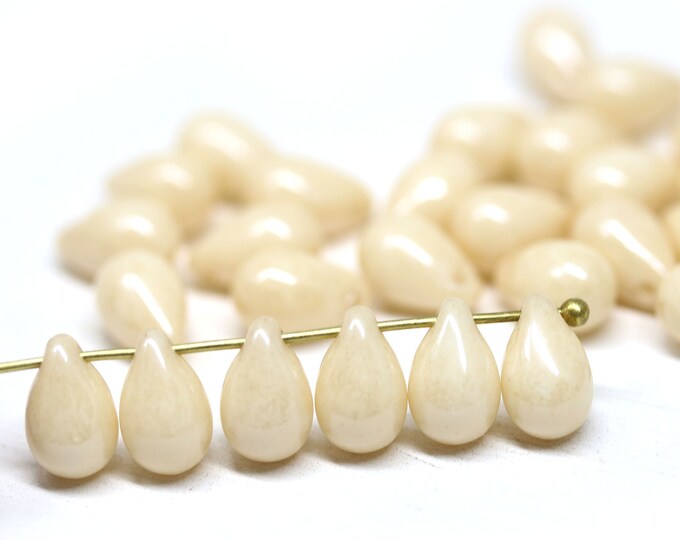 6x9mm Light Beige Czech Glass Teardrop Beads, Cream Ivory Pressed Drop ...