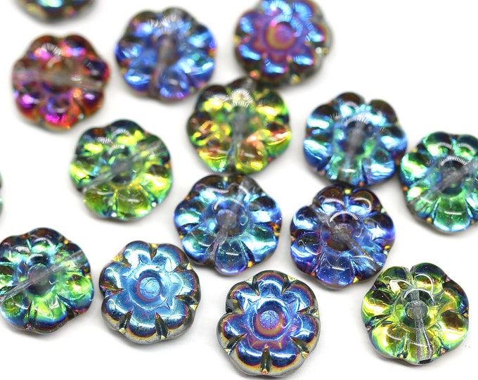 10mm Daisy Flower Beads Vitrail Metallic Finish Czech Glass Flat Flower