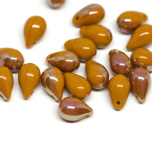 6x9mm Dark Ochre Yellow Teardrops Yellow Brown Glass Drop Beads Czech ...
