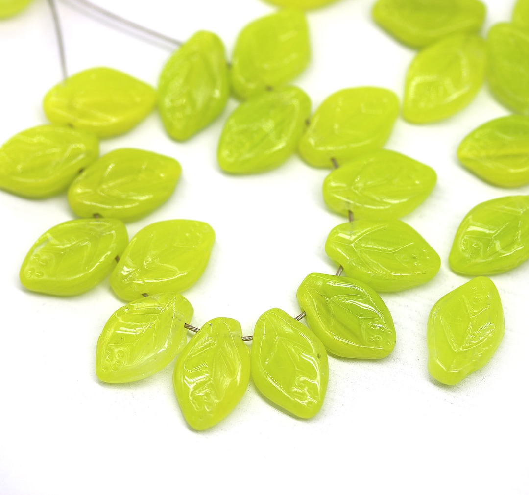 Lime Green Leaf Beads 12x7mm Bright Green Czech Glass Pressed Leaves ...