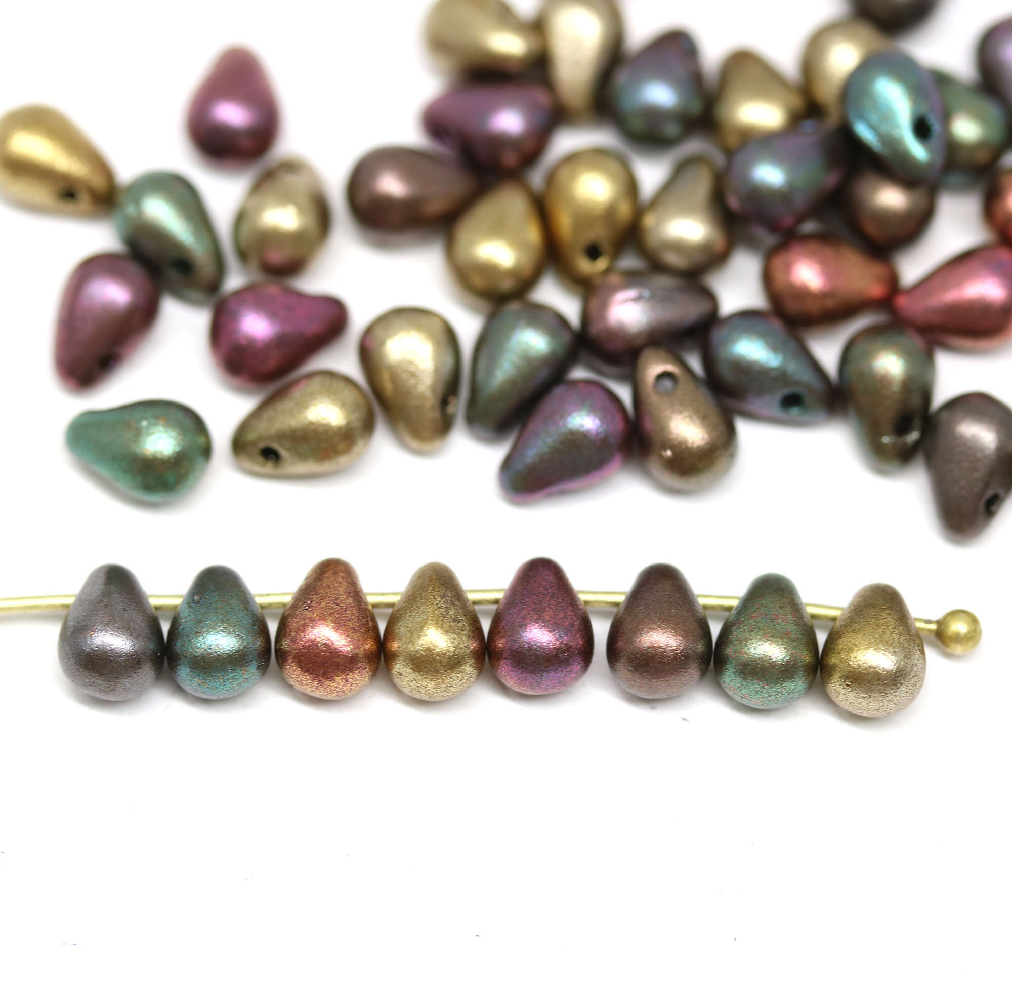 50pc Metallic Drop Beads Mix Golden Green Copper Czech Glass - Etsy