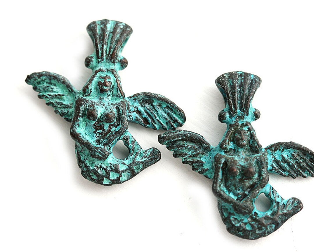 2pc Mermaid Charms: Green Patina Copper Winged Sea Maid Pendants - Etsy