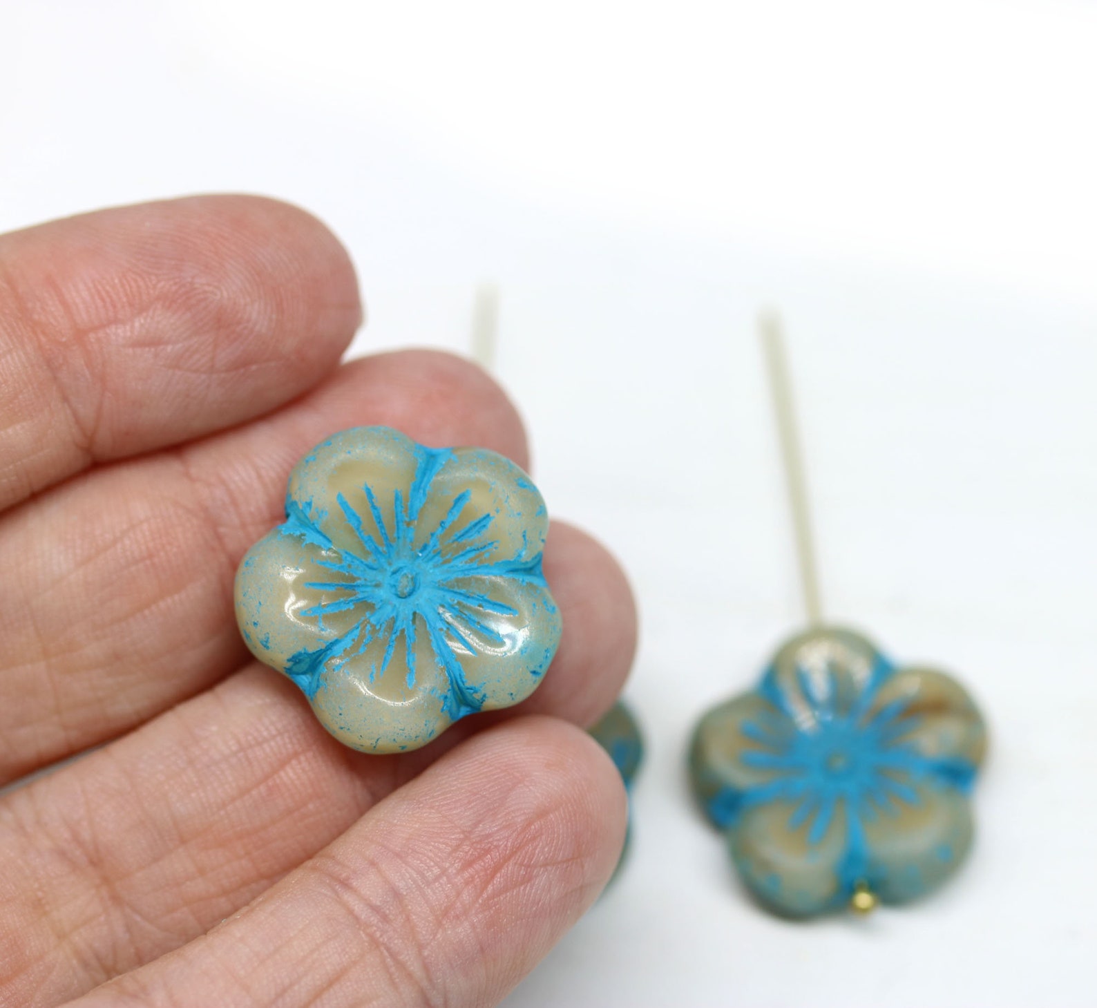 22mm Large Blue Flower Beads, Mixed Beige Czech Glass Big Flower Beads ...