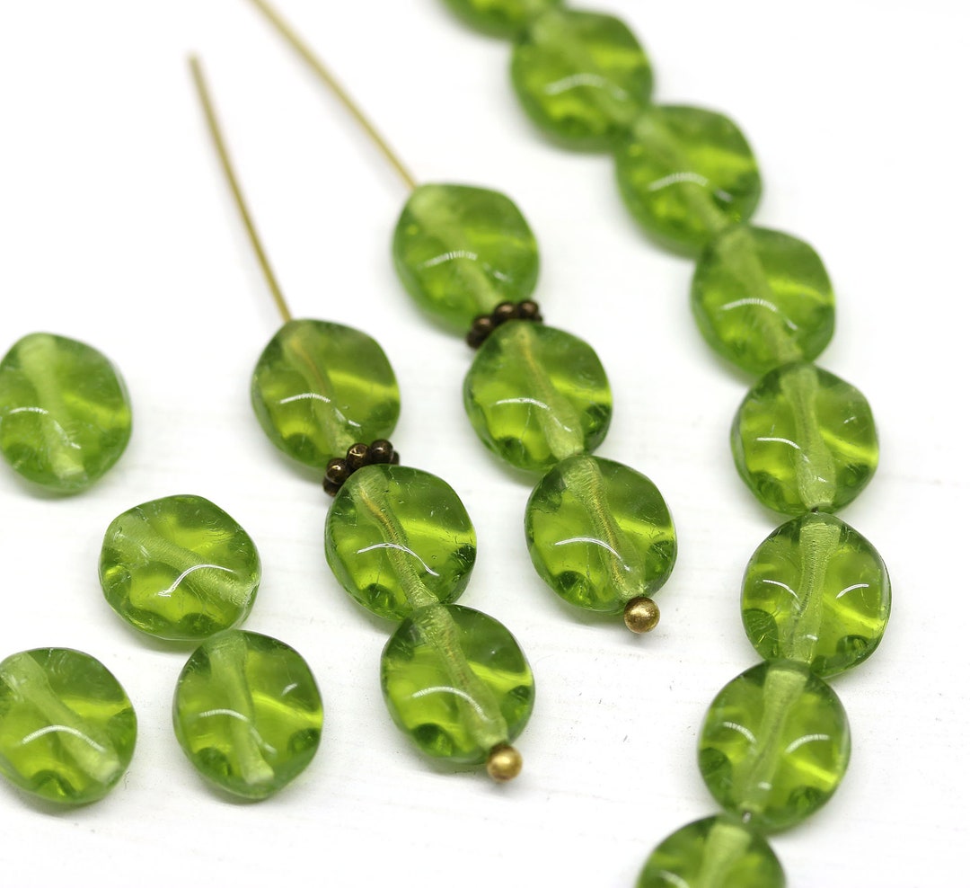 Olive Green Wavy Oval Czech Beads 9x8mm Olivine Pressed Glass Beads ...