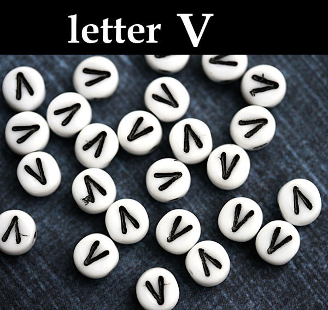 Glass Alphabet Beads - Letter V - White With Black Inlay, Czech Glass ...