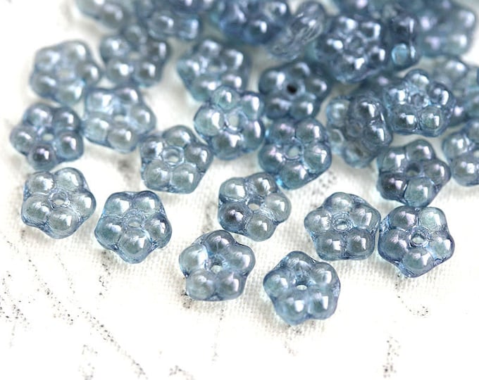 50pc Montana Blue Daisy Flower Beads Luster Czech Glass Flat Etsy