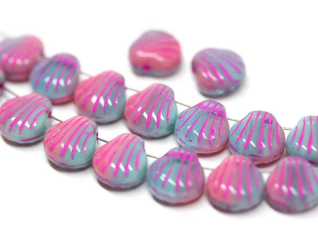 Pink Glass Shell Beads Side Drilled Seashell Beads Pink Green Czech ...