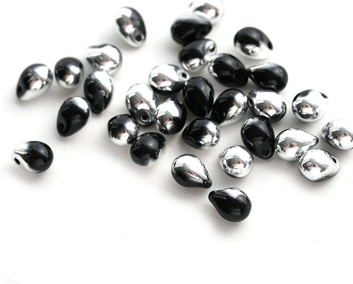 5x7mm Jet Black Glass Drops, Czech Teardrop Beads With Silver Luster ...