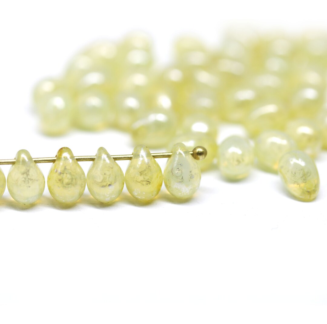 50pc Light Opal Yellow Teardrops, 5x7mm Czech Glass Top Drilled Pale ...