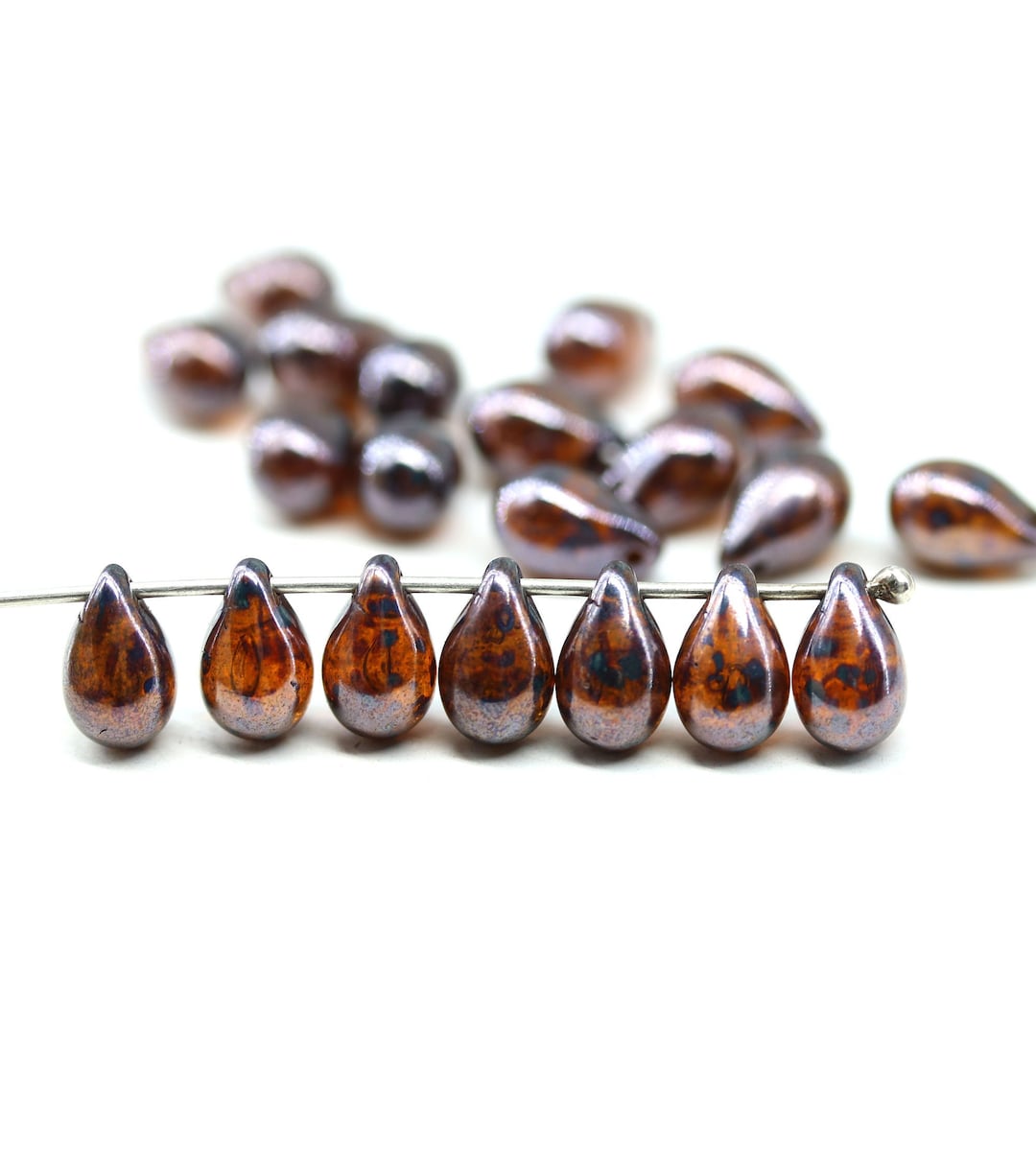 6x9mm Dark Brown Czech Glass Teardrop Picasso Beads, Top Drilled Drops ...
