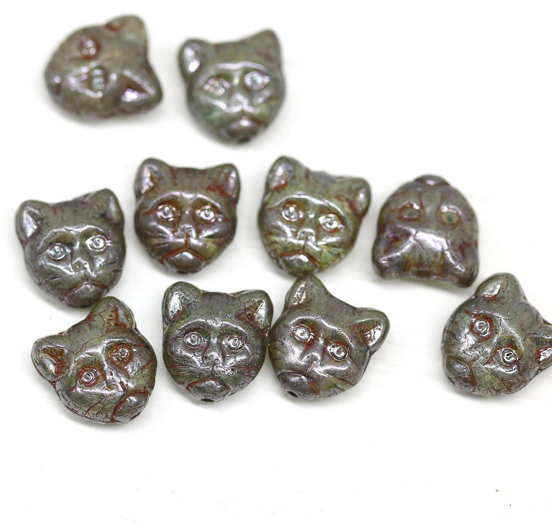 Green Picasso Czech Glass Cat Beads: Feline Kitty Beads (10pc) - Etsy