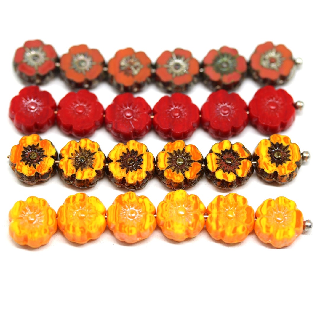 8mm Red Orange Hibiscus Flower Czech Glass Yellow Floral Daisy Picasso ...
