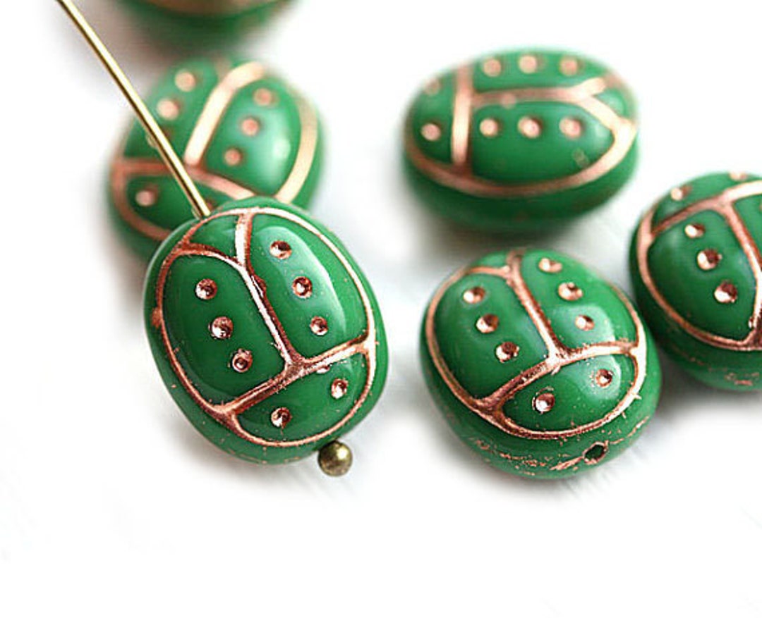 Ladybug Beads Green Gold Czech Glass Ladybird Bead Bug Insect Beads ...