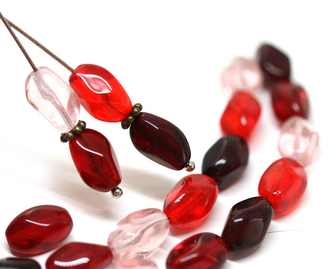Red Glass Beads Mix Red Pink Czech Oval Beads 11x7mm Twist Barrel Beads ...