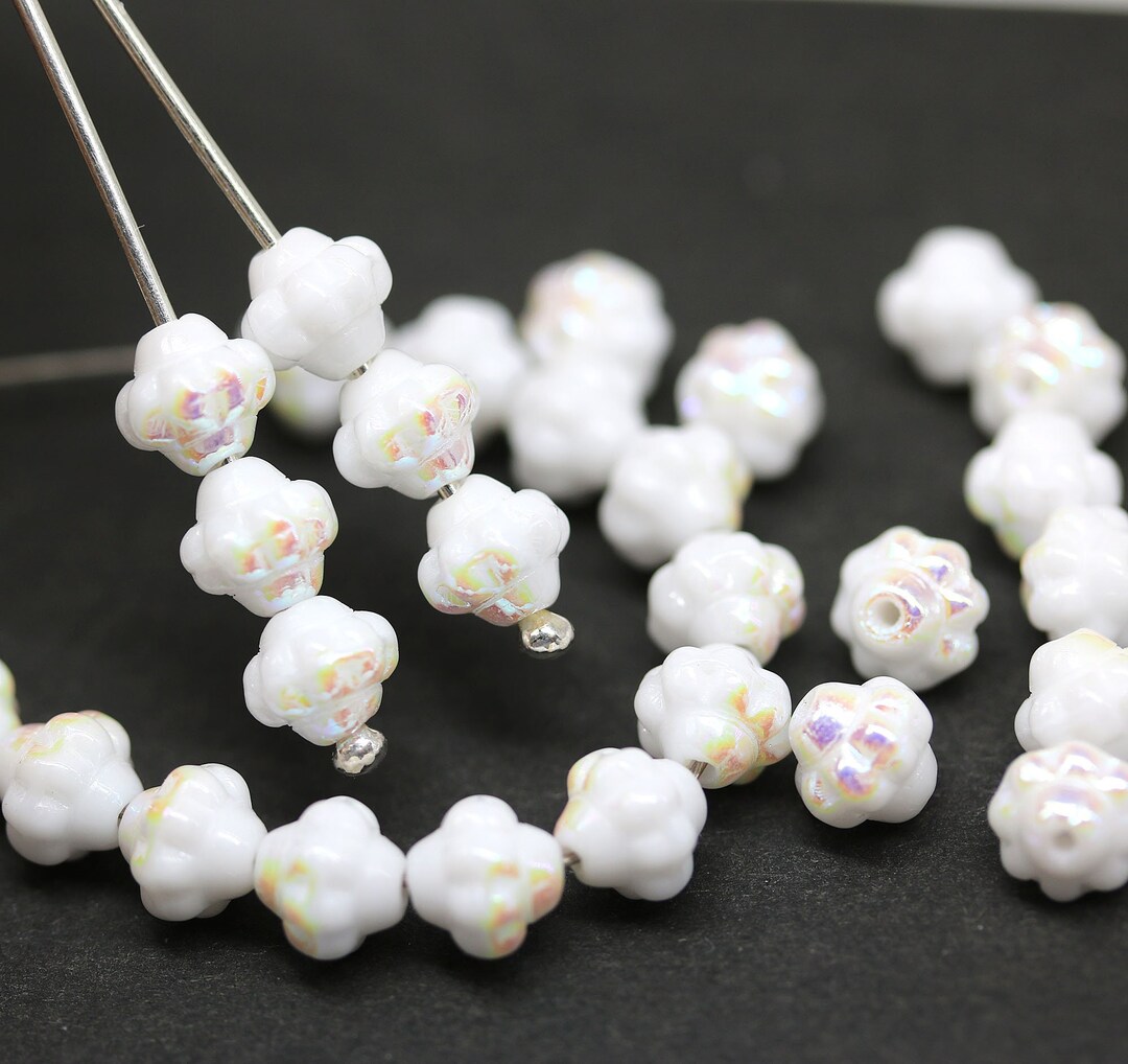 6mm White Fancy Czech Glass Bicone Beads AB Finish Spacer Beads, 50pc ...