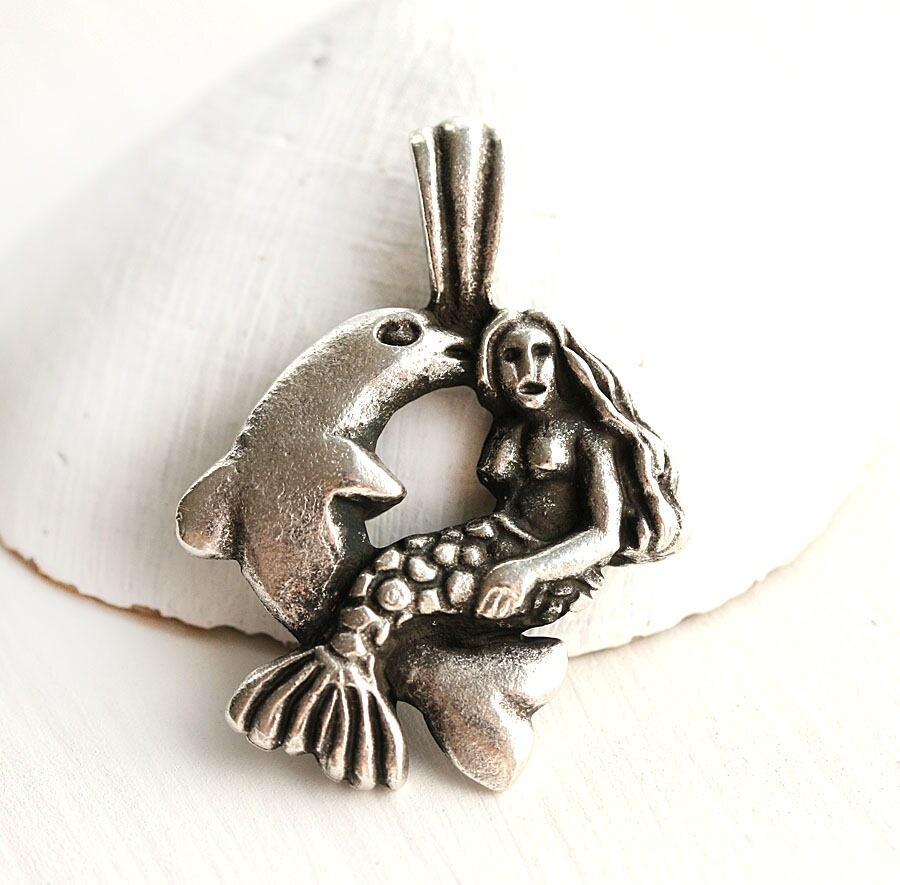 Mermaid pendant Antique silver mermaid charm Dolphin Nautical | Etsy