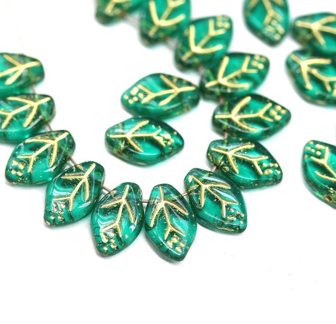 12x7mm Teal Green Glass Leaf Beads Golden Wash Czech Glass Pressed ...
