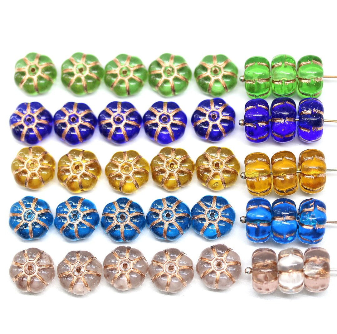 12mm Puffy Daisy Flower Czech Glass Bead Blue Yellow Green Floral Beads ...