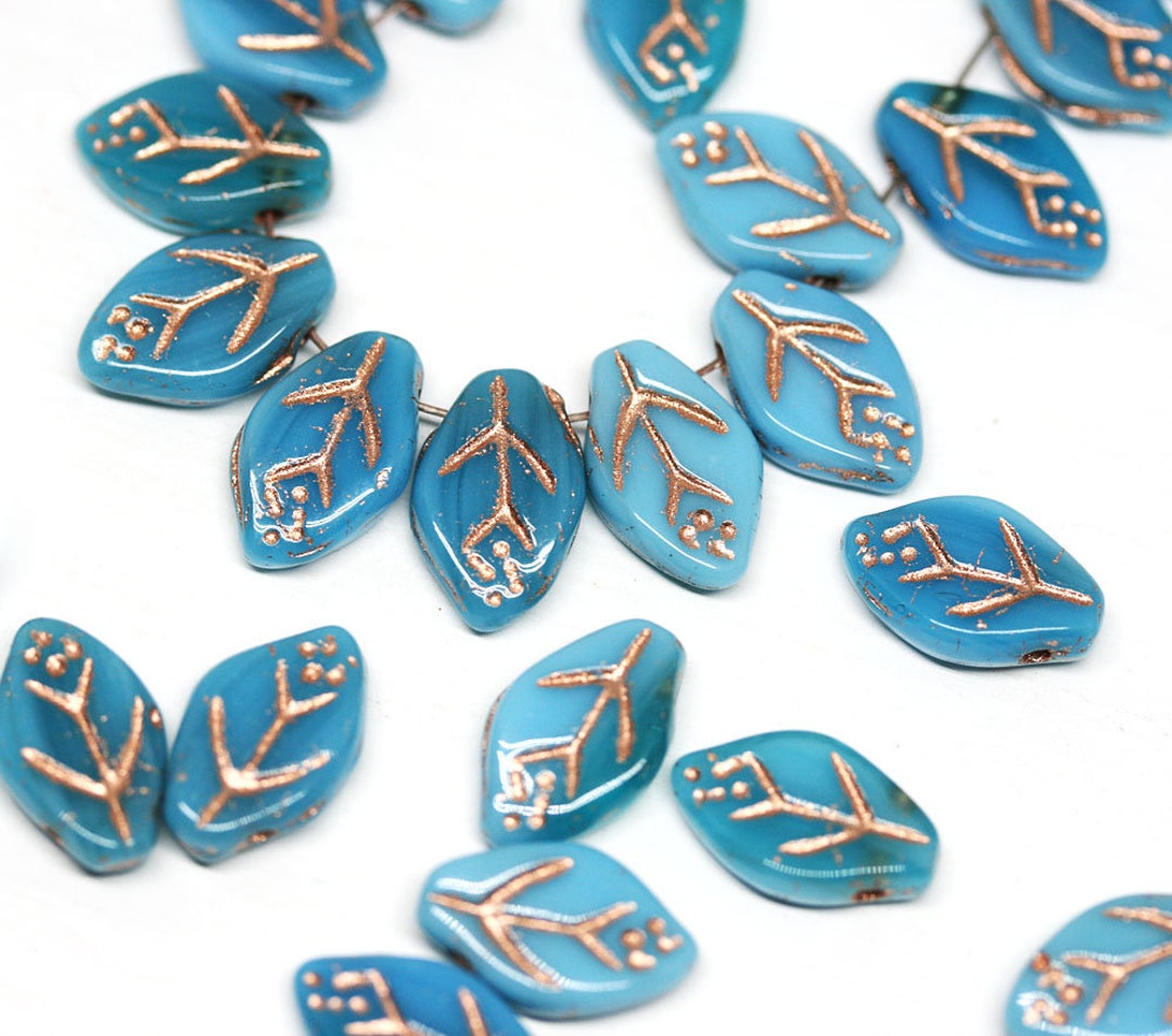 Blue Czech Glass Leaf Beads With Copper Inlays (25pc) - Etsy