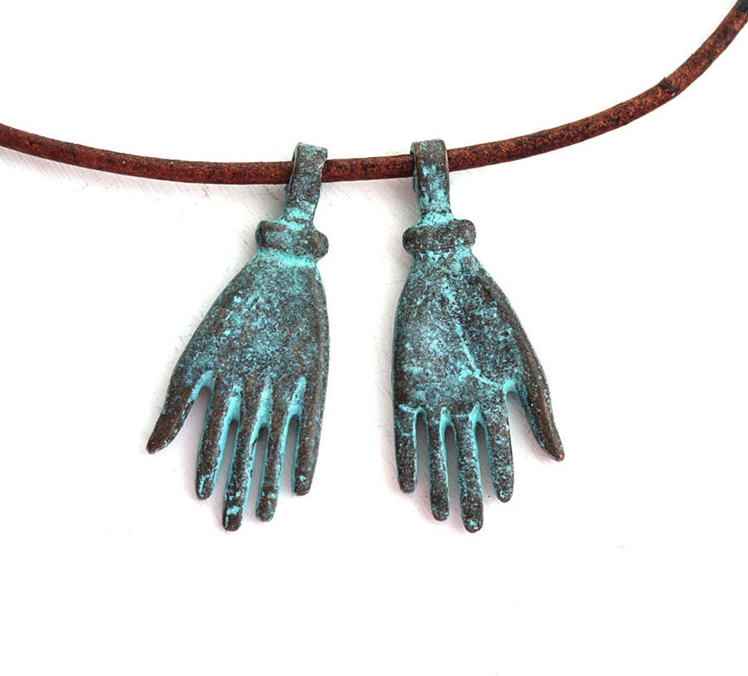 Healing Hand Charms, Green Patina on Copper Spiritual Metal Hand Charm ...
