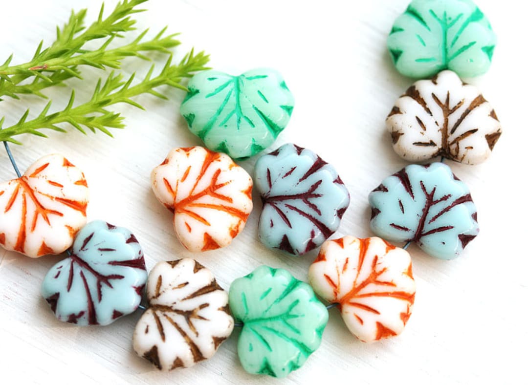 12pc Fancy Maple Leaf Beads Mix, Czech Glass Leaves, Blue, Mint, White ...