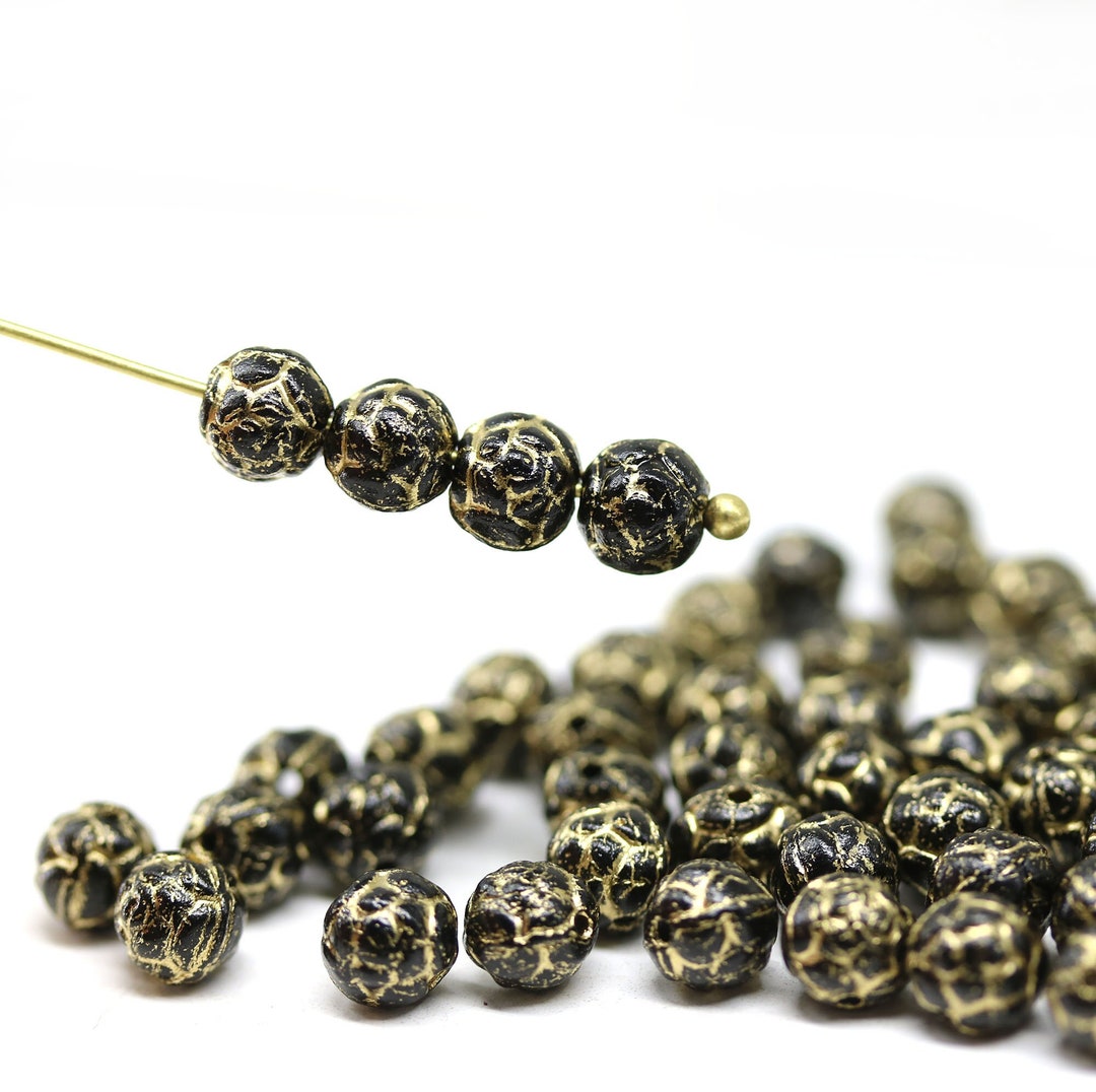 5mm Black Rose Bud Beads Gold Wash Rose Flower Round Czech Glass Beads ...