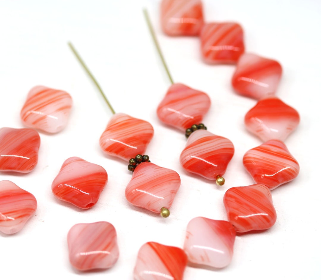 12mm Rhombus Diamond Shape Czech Glass Beads, Light Red White Mixed ...