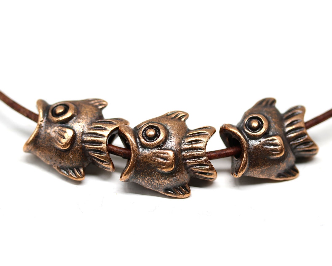 3pc Large Copper Fish Beads, Open Mouth Fish, Greek Bead for Leather ...