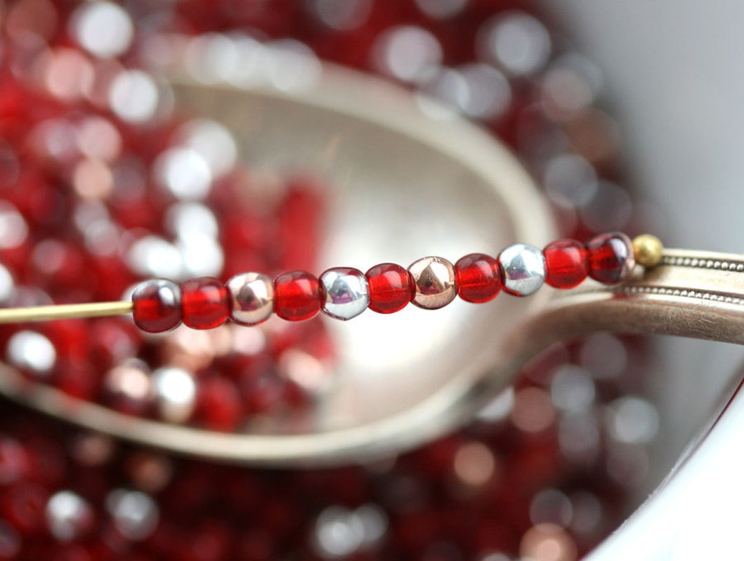 3mm Red Beads Mix Czech Glass Small Spacers, Red With Silver and Copper ...