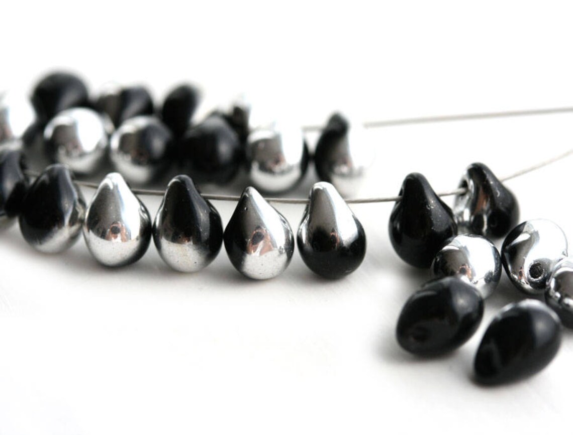 5x7mm Jet Black Glass Drops, Czech Teardrop Beads With Silver Luster ...