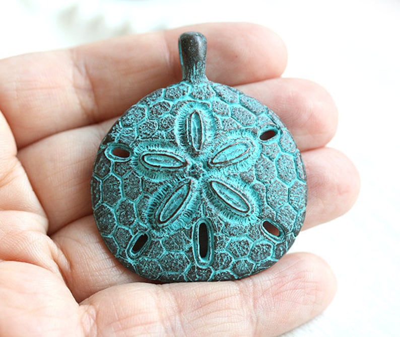 Huge Sand Dollar Pendant Bead Green Patina Copper Metal Nautical Focal ...